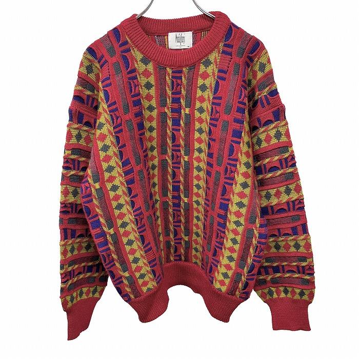 モディリアーニ Modigliani ニット セーター 総柄 長袖 丸首 プルオーバー ロングスリーブ ウール100% M レッド 赤×緑×青 ...
