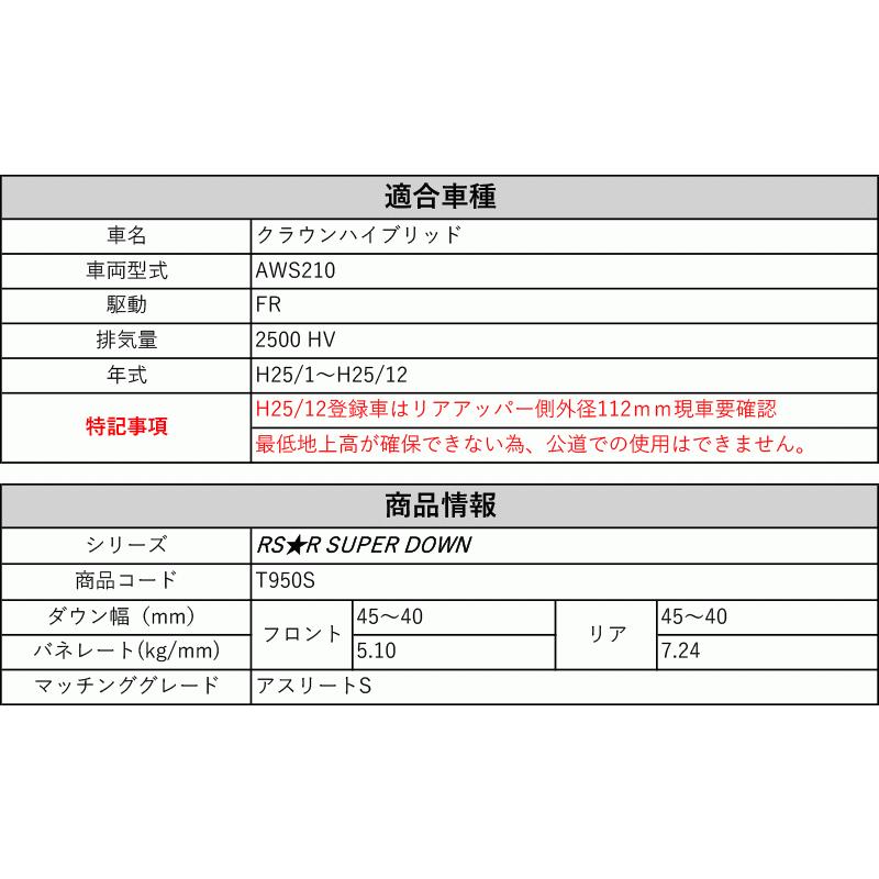 [RS-R_RS★R SUPER DOWN]AWS210 クラウンハイブリッド_アスリートS(2WD_2500 HV_H25/1〜H25/12)用競技専用ダウンサス[T950S] :trsr ...