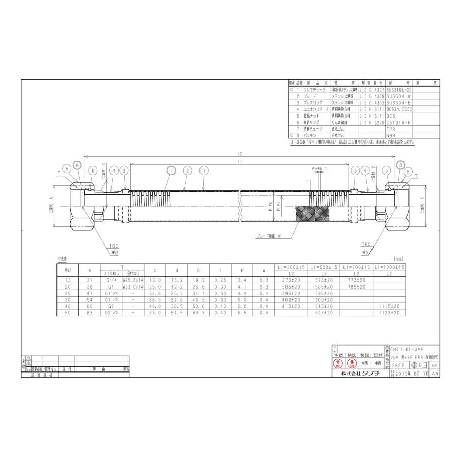 タブチ TBC TABUCHI 【32123160】 フレキ 両メネジ EPR 両ユニオンナット両ユニオンナット 品番：20X300 FME ...