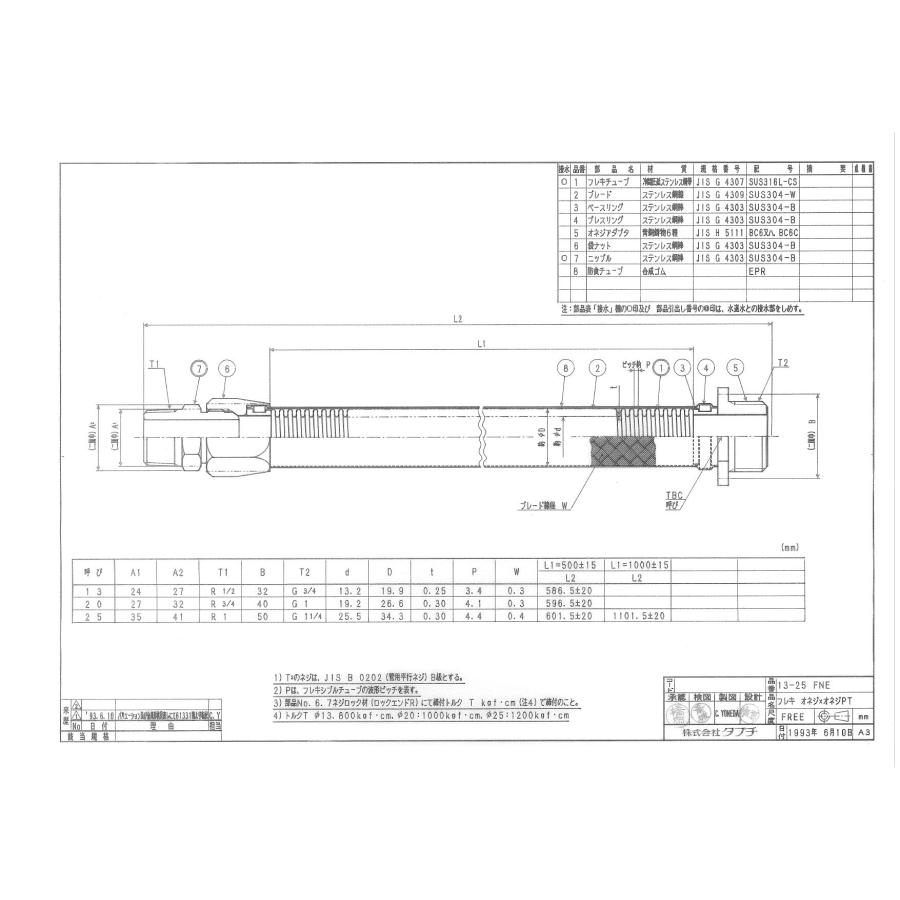 タブチ TBC TABUCHI 【32131300】 フレキ オネジ×オネジ PT 両オネジテーパーオネジ×平行オネジ 品番：25X500 ...
