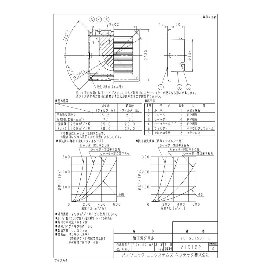 パナソニック Panasonic 換気扇 【VB-GE150P-K】 給排気グリル(角型・壁・天井用）(給排気グリル（シャッター付・フィルター付）) : vb-ge150p-k : 住宅設備の ...