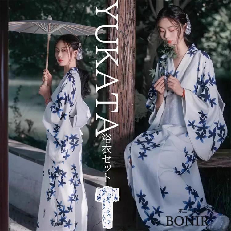 レディース 浴衣 セット 着物 YUKATA 柄 レトロ ホワイト ブルー 寝