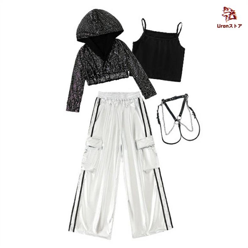 子供ダンス シルバー 黒 キッズダンス衣装 女の子 スパンコール ヘソ