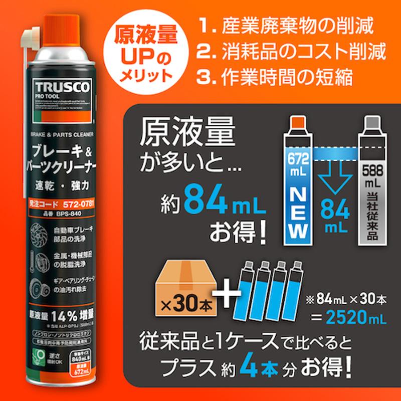 パーツクリーナー ブレーキ＆パーツクリーナー 速乾タイプ 840mL BPS-840 30本セット 粉じん除去 油汚れ除去 ブレーキ ギア 多い コスパ 経費削減 トラスコ D : プラス ...