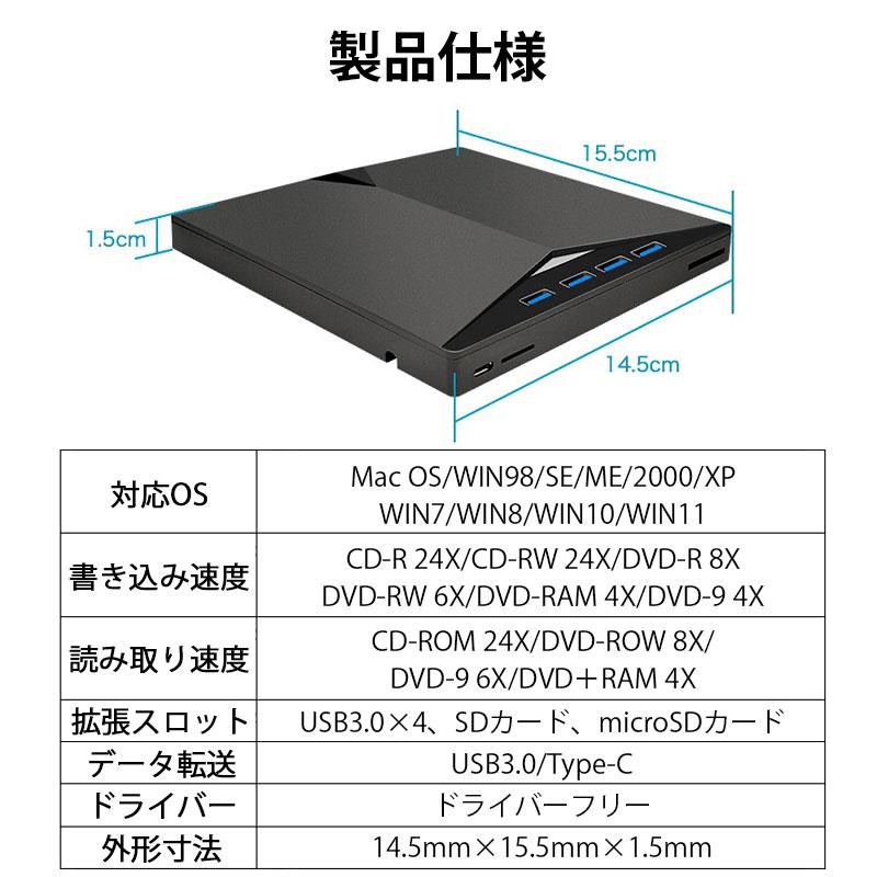 マルチ DVDドライブ 外付け 7in1 USB 3.0 DVD CD Type-C パソコン プレーヤー 外部 光学 Windows11 Mac micro SD カード 録画用 レコーダー ...