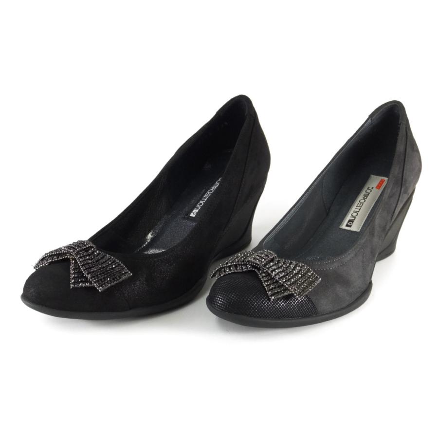 Composition9 コンポジション 靴 コンポジションナイン COMPOSITION9 2808 クロ グレー ライン ストーンリボン コンフォート パンプス ウェッジ 痛くない 歩き ...