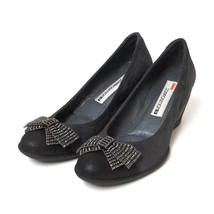 Composition9 コンポジション 靴 コンポジションナイン COMPOSITION9 2808 クロ グレー ライン ストーンリボン コンフォート パンプス ウェッジ 痛くない 歩き ...