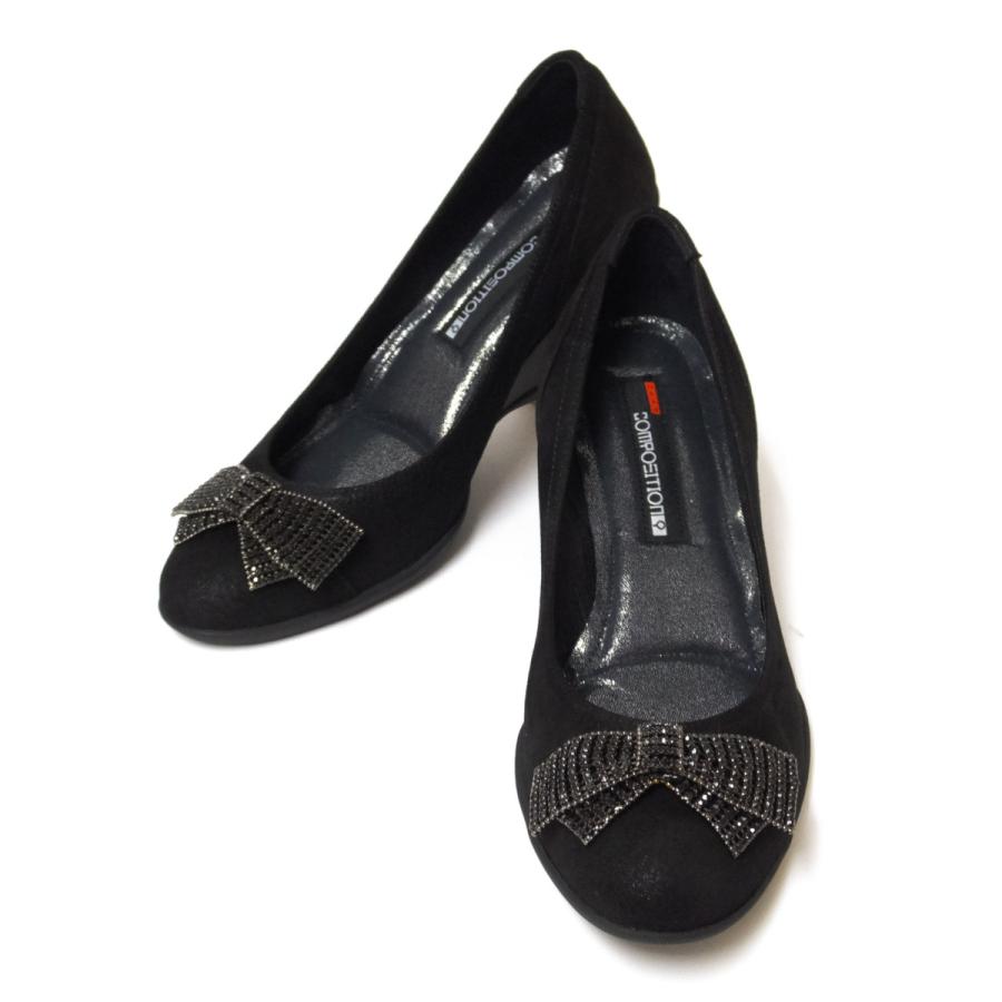 Composition9 コンポジション 靴 コンポジションナイン COMPOSITION9 2808 クロ グレー ライン ストーンリボン コンフォート パンプス ウェッジ 痛くない 歩き ...