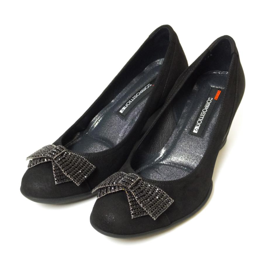 Composition9 コンポジション 靴 コンポジションナイン COMPOSITION9 2808 クロ グレー ライン ストーンリボン コンフォート パンプス ウェッジ 痛くない 歩き ...