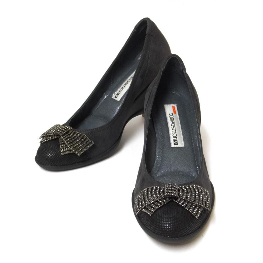 コンポジション 靴 コンポジションナイン COMPOSITION9 2808 クロ グレー ライン ストーンリボン コンフォート パンプス ウェッジ 痛くない パンプス 歩きやすい ...