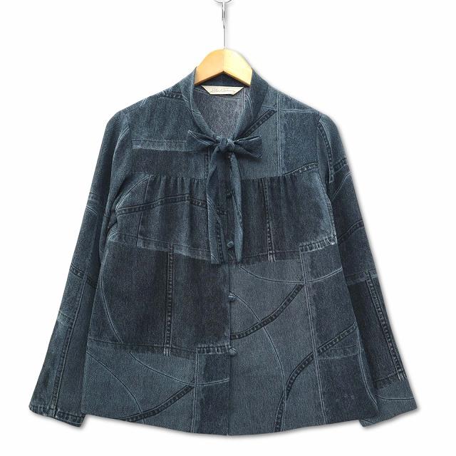 ヒトシタムラ Hitoshi Tamura 詩仙堂 デニム柄 転写プリント ボウタイリボン ちりめん ブラウス ジャケット ブルー レディース ...