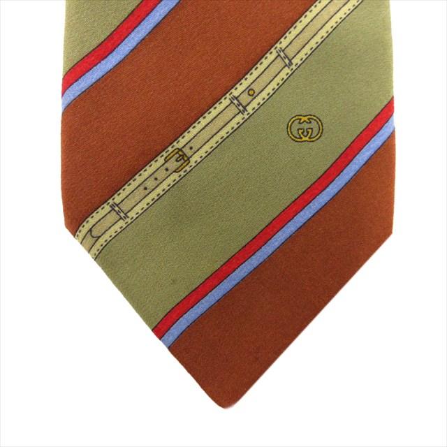 グッチ old GUCCI 70's ネクタイ インターロッキング ベルト 総柄 レジメンタルストライプ シルク100% ヴィンテージ 茶 ブラウン メンズ : 026 ...