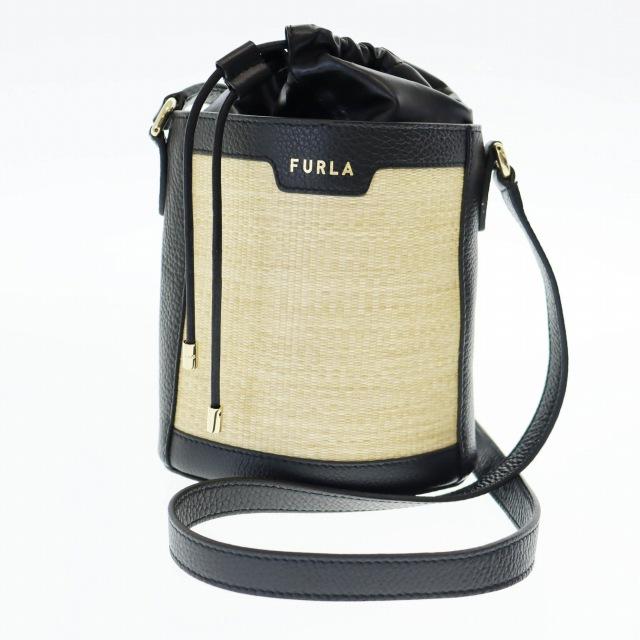 【中古】フルラ FURLA ラフィア ショルダー バッグ 斜めがけ 巾着 黒 ブラック☆AA★●▲■250827 FURLA（フルラ） ラフィア ショルダー バッグ 斜めがけ 巾着 黒