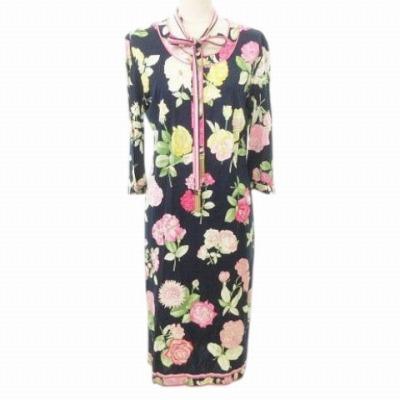 LEONARD（レオナール） 美品 花柄 七分袖 ワンピース ウエストリボン