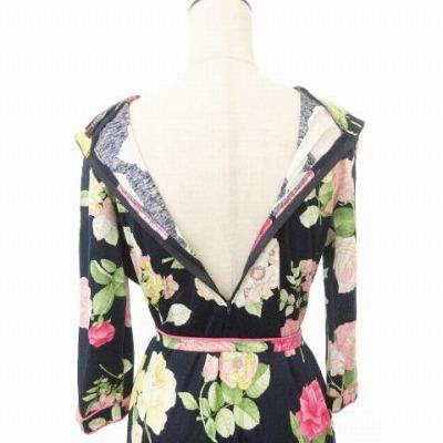 【中古】レオナール LEONARD 美品 花柄 七分袖 ワンピース ウエストリボン バックファスナー 日本製 Lサイズ ネイビー LEONARD（レオナール） 美品 花柄 七分袖 ワンピース ウエストリボン