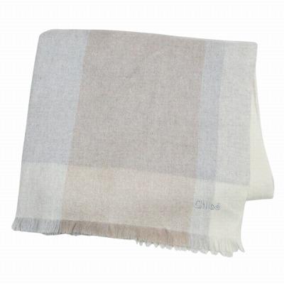 Chloe クロエ CHLOE FOULARDS 美品 カシミヤマフラー ストール 大判 チェック フリンジ ロゴ刺? ムーンバット ベージュ ...