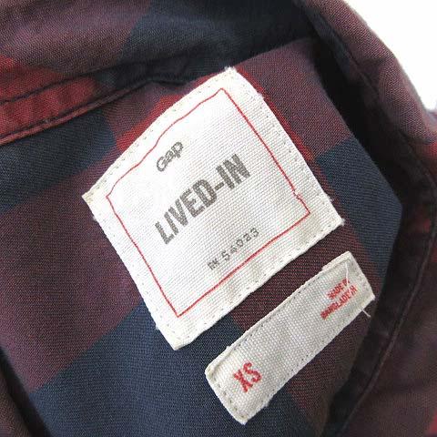 GAP（ギャップ） GAP LIVED-IN シャツ ボタンダウン チェック ポケット コットン 長袖 XS ネイビーグレー 赤 レッド ...