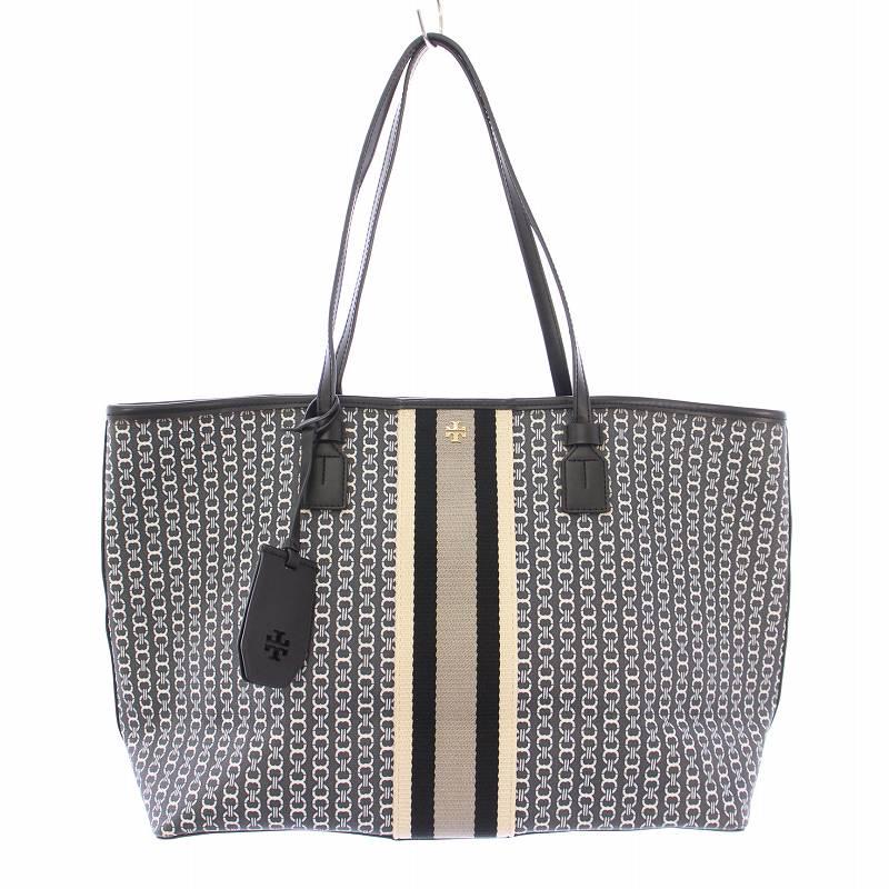 TORY BURCH トリーバーチ トートバッグ ハンドバッグ キャンバス ロゴチャーム 総柄 切替 黒 ブラック グレー /BB レディース : ブランド古着販売のベクトル - 通販 ...