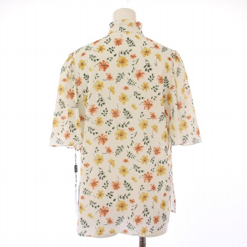 【中古】未使用品 ルネ Rene シャツ ブラウス 半袖 スタンドカラー リボン 花柄 34 白 ホワイト マルチカラー Rene（ルネ） 未使用品 シャツ ブラウス 半袖 スタンドカラー リボン