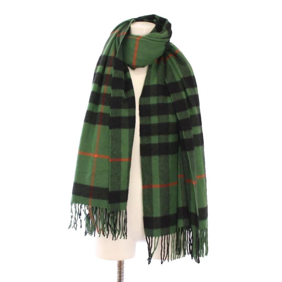 【中古】ジョンストンズオブエルガン drawer別注 大判ストール マフラー フリンジ カシミヤ チェック柄 緑 黒 ジョンストンズオブエルガン Johnstons of Elgin drawer別注 大判