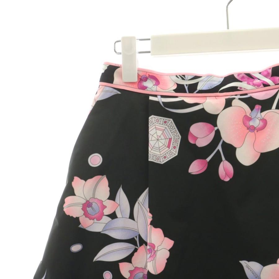 【中古】未使用品 レオナール LEONARD ファッション FASHION フレアスカート ひざ丈 花柄 2 ピンク 黒 LEONARD（レオナール） 未使用品 ファッション FASHION フレアスカート