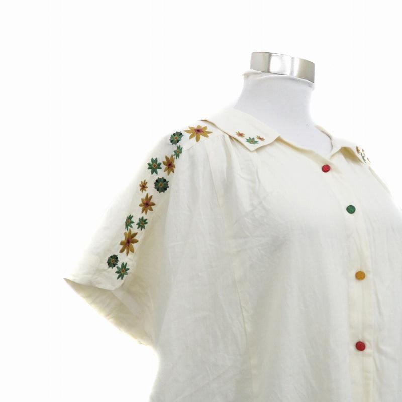 ホコモモラ JOCOMOMOLA シャツワンピース ロング丈 半袖 刺繍 麻 リネン混 40 L マルチカラー アイボリー /HO46 ...