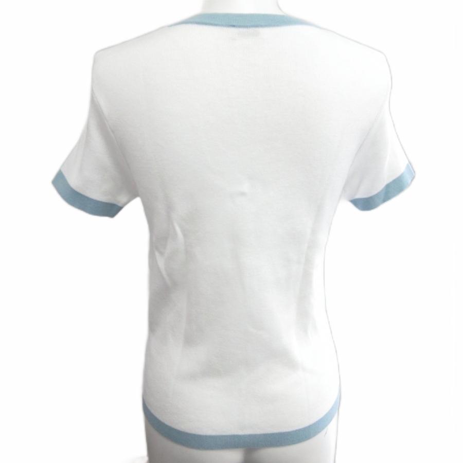 【中古】シャネル 美品 02S  ココマーク アップリケ サマーニット 半袖 国内正規 白 青 ホワイト ブルー 系 ■MNK1 CHANEL（シャネル） 美品 02S ココマーク アップリケ サマーニット