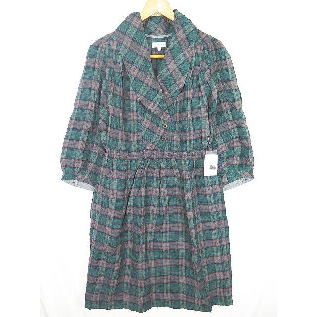 中古 未使用品 ジェネラ GENERRA ワンピース 膝丈 七分袖 ショールカラー シワ加工 4 チェック 緑/こげ茶 sa7648 ...