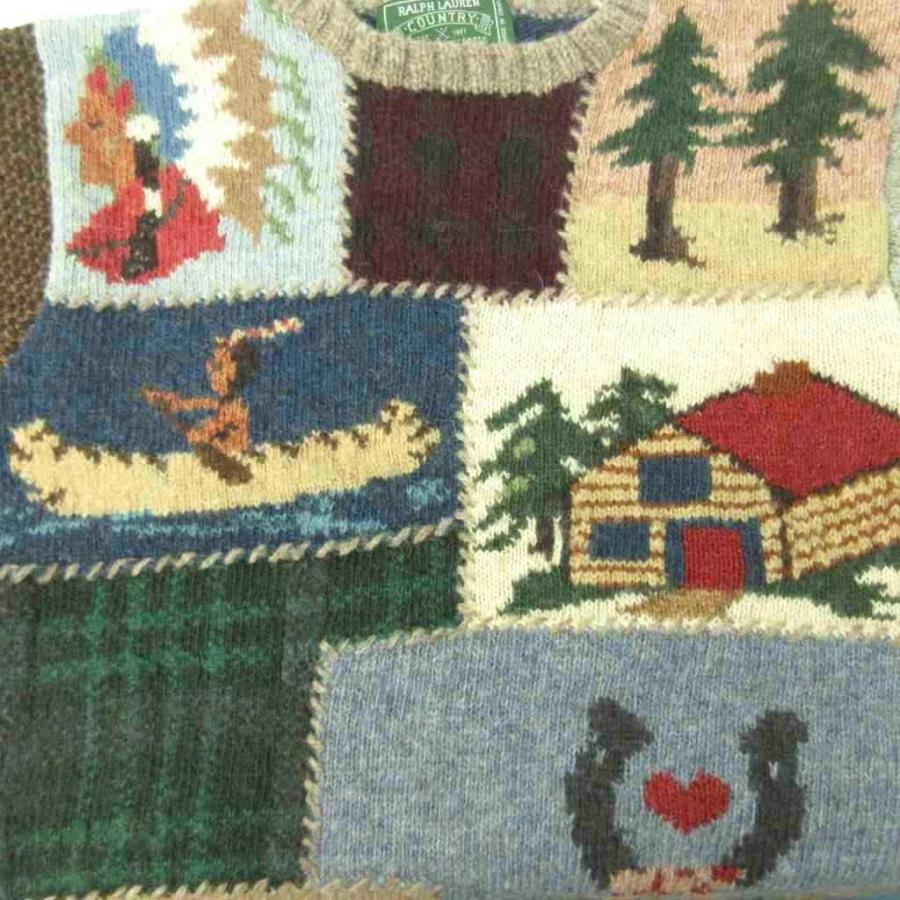 【中古】ラルフローレン カントリー 80s 90s ニット セーター パッチワーク 総柄 ウール 長袖 M マルチカラー POLO RALPH LAUREN（ポロ・ラルフローレン） ラルフローレン RALPH