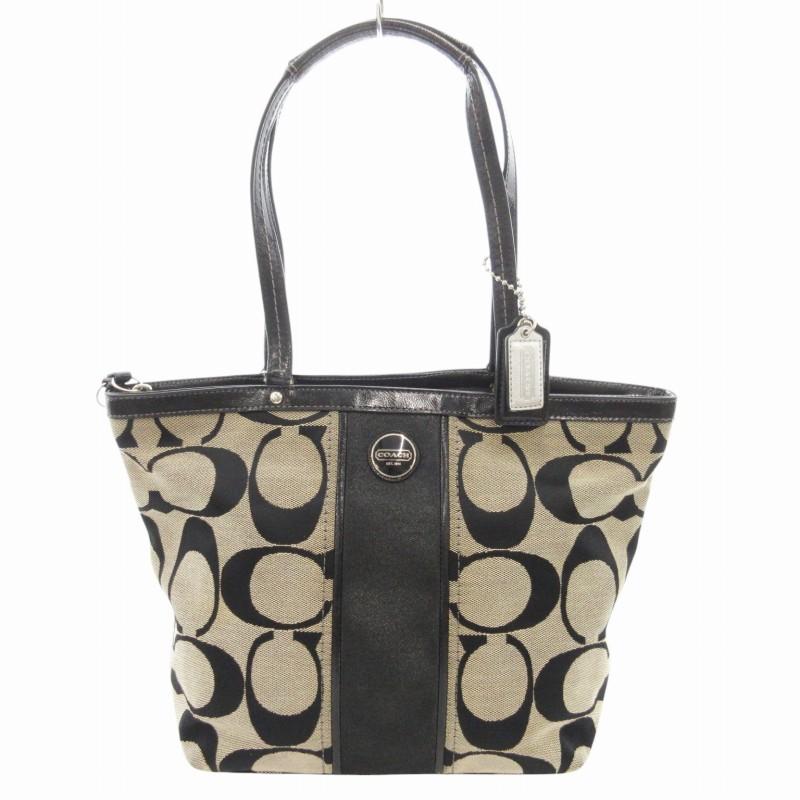 COACH コーチ 21950 シグネチャー ハンドバッグ トート 肩掛け キャンバス ベージュ 黒 ブラック /GV GY18 レディース ...