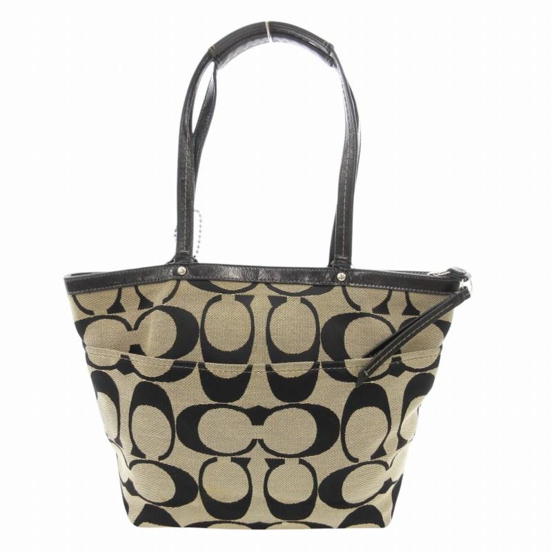COACH コーチ 21950 シグネチャー ハンドバッグ トート 肩掛け キャンバス ベージュ 黒 ブラック /GV GY18 レディース ...