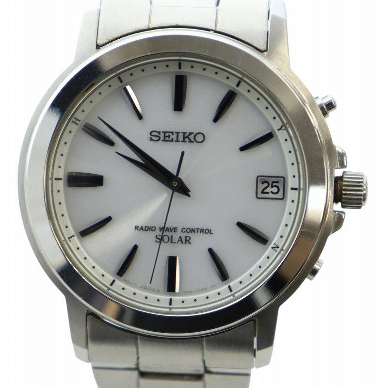 セイコー SEIKO RADIO WAVE CONTROL SOLAR 腕時計 ウォッチ 電波ソーラー カレンダー付き 白文字盤 ロゴ ...