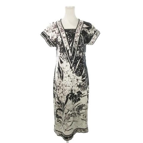 【中古】レオナール LEONARD ワンピース ひざ丈 ミモレ ロング 半袖 スクエアネック 花柄 総柄 コットン L 黒 LEONARD（レオナール） ワンピース ひざ丈 ミモレ ロング 半袖