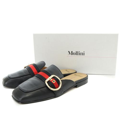 モリーニ Mollini バックル SLIPPES ミュール スクエアトゥ レザー 37 23.5cm 黒 ブラック /SR12 レディース ...