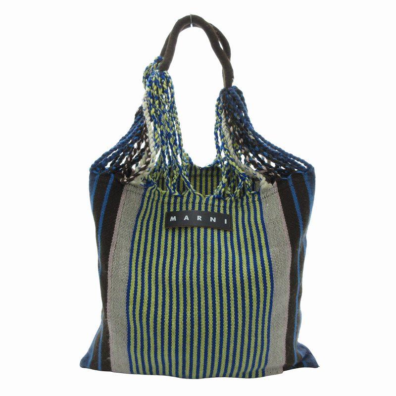 MARNI（マルニ） ハンモックバッグ トート フラワーカフェ フリンジ ストライプ 青 ブルー /JS レディース : ブランド古着販売の ...