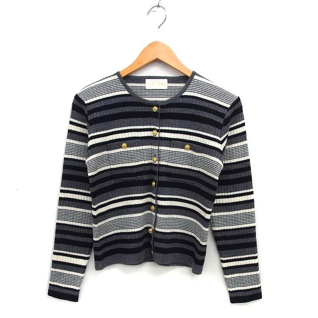 クイーンケリー QUEEN KERRY カーディガン ニット ボーダー リブ ウール クルーネック クロップド 長袖 M グレー /NT20 ...