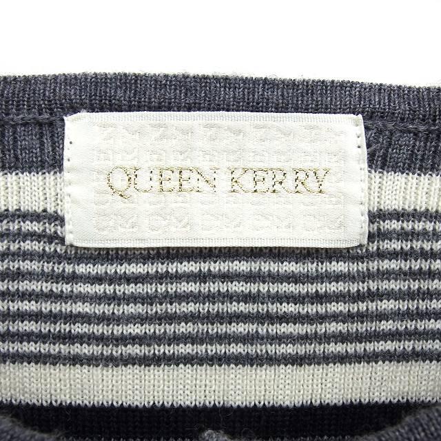 クイーンケリー QUEEN KERRY カーディガン ニット ボーダー リブ ウール クルーネック クロップド 長袖 M グレー /NT20 ...