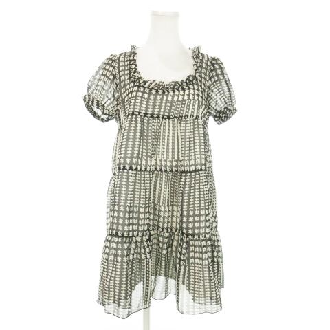 レイビームス Ray Beams ワンピース シアー ミニ 半袖 ティアード ボリューム フリル 千鳥格子 総柄 白 ホワイト /AO1 ...