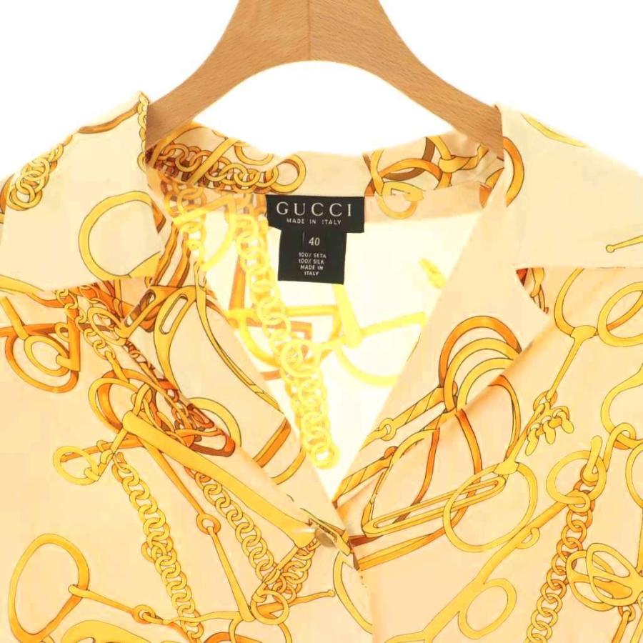 【中古】グッチ ヴィンテージ チェーン柄 シルクシャツ ブラウス オープンカラー 金ボタン 40 ベージュ イエロー GUCCI（グッチ） ヴィンテージ チェーン柄 シルクシャツ ブラウス