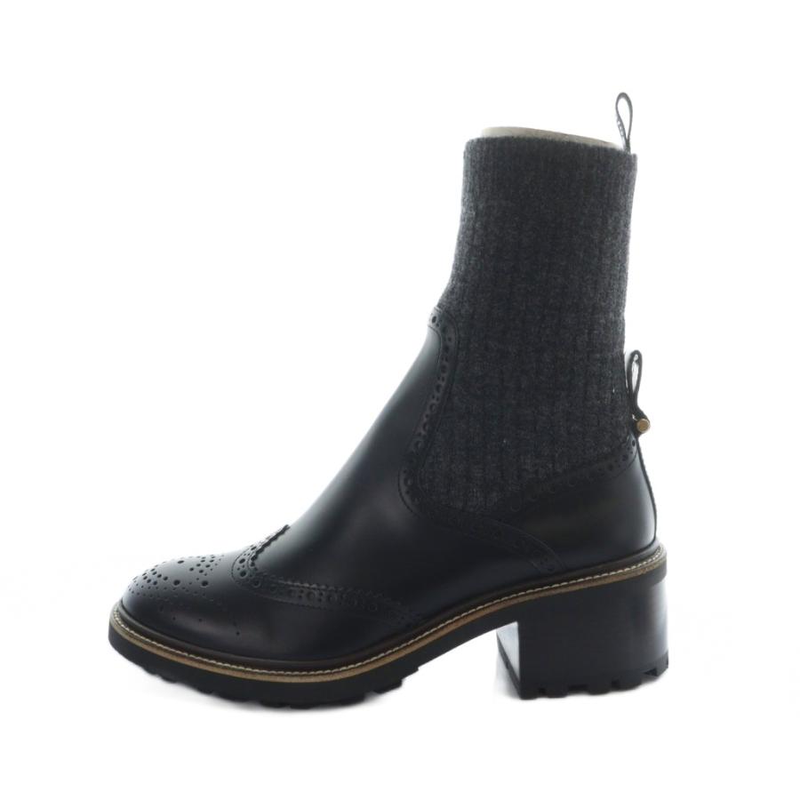 Chloe（クロエ） フランヌ レザー ニット 切替 ソックス アンクル ブーツ メダリオン パンチング ショート 38.5 25.5cm 黒 ...