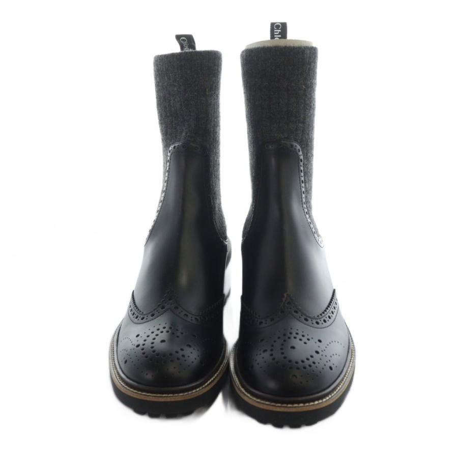 Chloe（クロエ） フランヌ レザー ニット 切替 ソックス アンクル ブーツ メダリオン パンチング ショート 38.5 25.5cm 黒 ...