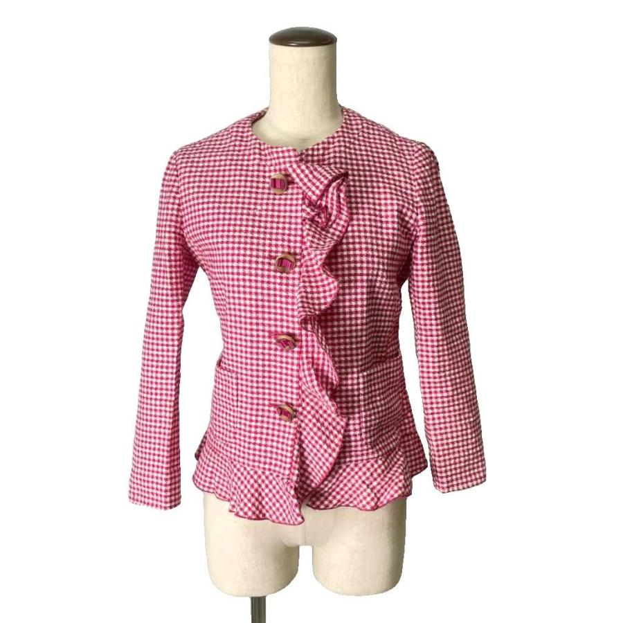 レッド ヴァレンティノ RED VALENTINO フリルジャケット ギンガムチェク ノーカラー 38 ピンク レディース : ブランド古着 ...