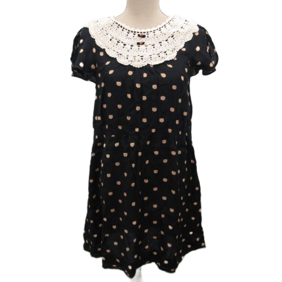 フランシュリッペ franche lippee ワンピース ひざ丈 半袖 ビジュー ドット柄 M 黒 ブラック ベージュ 531023 ...