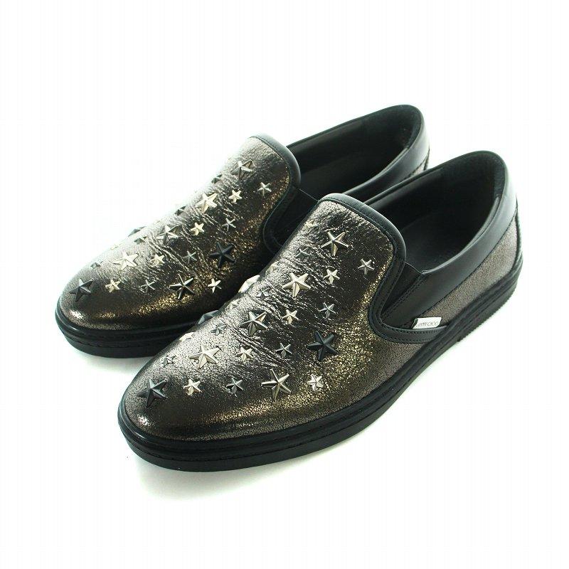 ジミーチュウ JIMMY CHOO GROVE スリッポン フラット スター スタッズ メタリック 切替 ロゴ 42 27-27.5cm 黒 ...