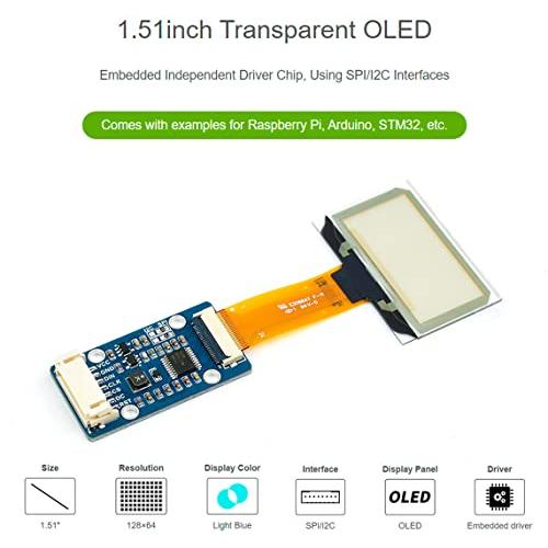 1.51inch Transparent OLED with Expansion Board,for Raspberry Pi/Arduino/STM32,128x64 Resolution ...