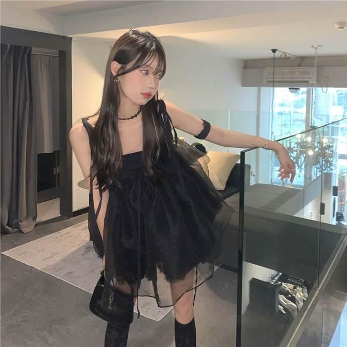 レディース ワンピース ブラックミニスカート チュールスカート キャミワンピース ミニ丈 ショート丈 袖なし ノースリーブ ギャザー リボン 透け感 : Violeta - 通販 ...