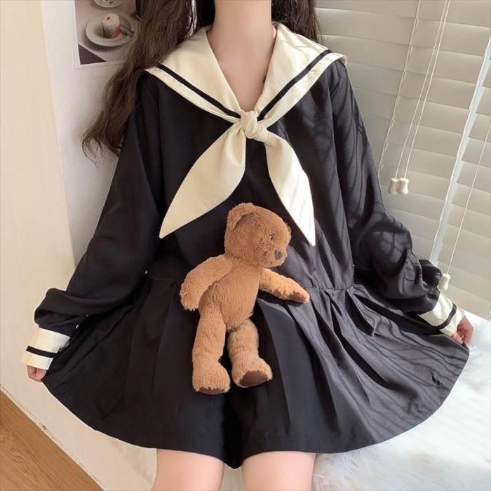 セーラーカラー セーラー服 制服 学校 ワンピース レディース ミニスカート プリーツスカート プリーツ ショート丈 ショート 袖あり 長袖 襟付き リボン : Violeta - 通販 ...