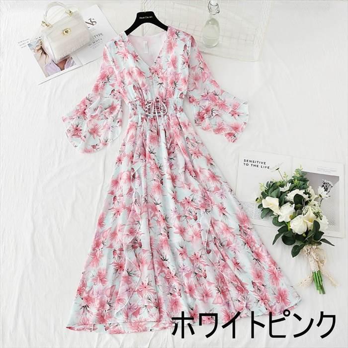 ワンピース レディース 花柄 シフォン シースルー 長袖 袖フレア ウエストマーク シャーリング リボン Aライン 裾フレア 膝下 ヘリンボーン きれいめ : Violeta - 通販 ...