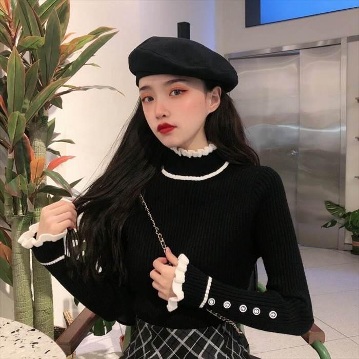 トップス レディース ニット セーター 袖あり 長袖 萌袖 ハイネック オフネック フリル ひらひら リブニット ツートンカラー 無地 黒 ブラック 白 : Violeta - 通販 ...