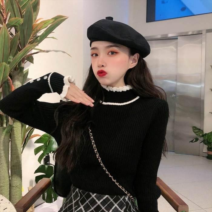 トップス レディース ニット セーター 袖あり 長袖 萌袖 ハイネック オフネック フリル ひらひら リブニット ツートンカラー 無地 黒 ブラック 白 : Violeta - 通販 ...